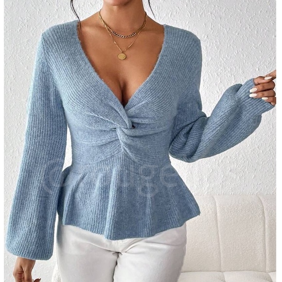Rouge! | Sweaters | Light Blue Vneck Twisted Front Peplum Sweater Knit ...
